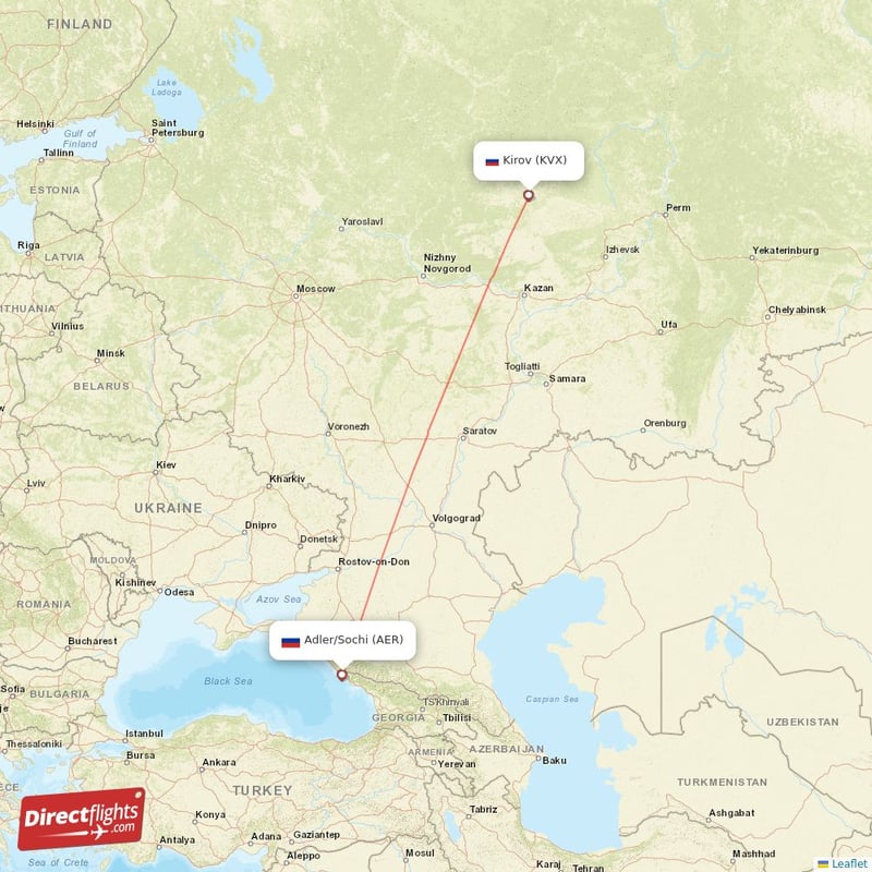 Direct flights from Adler/Sochi to Kirov, AER to KVX non-stop - Directflights.com