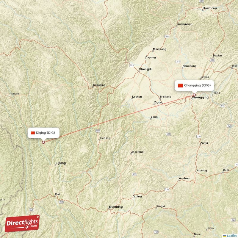 Direct flights from Chongqing to Diqing, CKG to DIG non-stop ...
