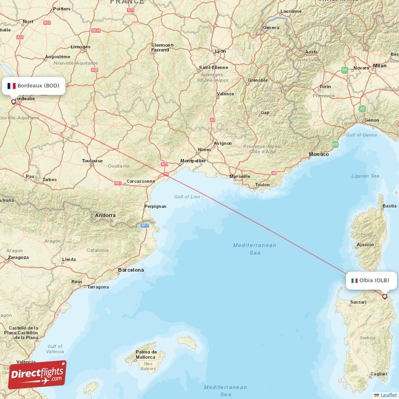 Direct flights from Olbia to Bordeaux, OLB to BOD non-stop - Directflights.com